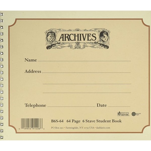 64 page 6 stave music notebook, spiral bound